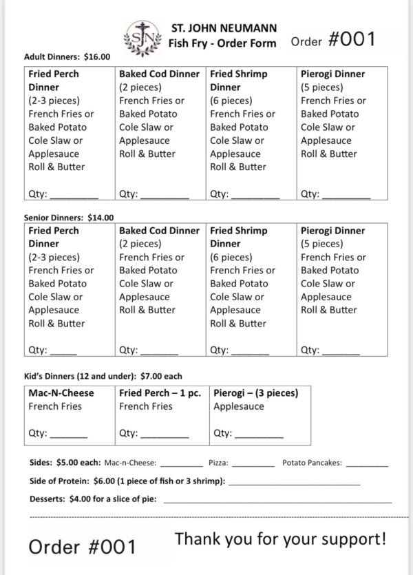 Fish Fry Schedule & Order Form - St. John Neumann Catholic Church